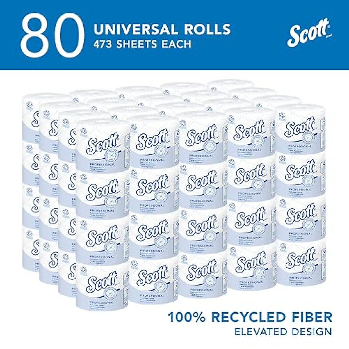 Scott® Professional 100% Recycled Fiber Standard Roll Bulk Toilet Paper (13217), 2-Ply, Elevated Design, White, Individually wrapped rolls (473 Sheets/Roll, 80 Rolls/Case, 37,840 Sheets/Case)