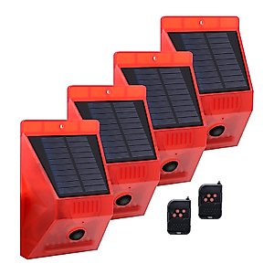 ChunHee Solar Alarm Strobe Light with Remote Control Motion Sensor Detector Outdoor Alarm 129db Sound Security Siren IP65 Waterproof Protected for Villa, Chicken coop, Farm, Yard, 4 Pack