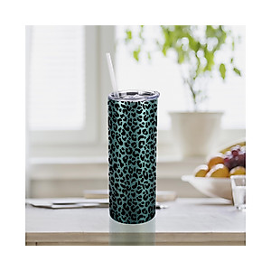 Elanze Designs Cheetah Animal Print Wrap-Around Design 20 Ounce Insulated Stainless Steel Coffee Travel Tumbler Mug Cup, Slide Top Lid & Reusable Straw, Turquoise Blue Glitter