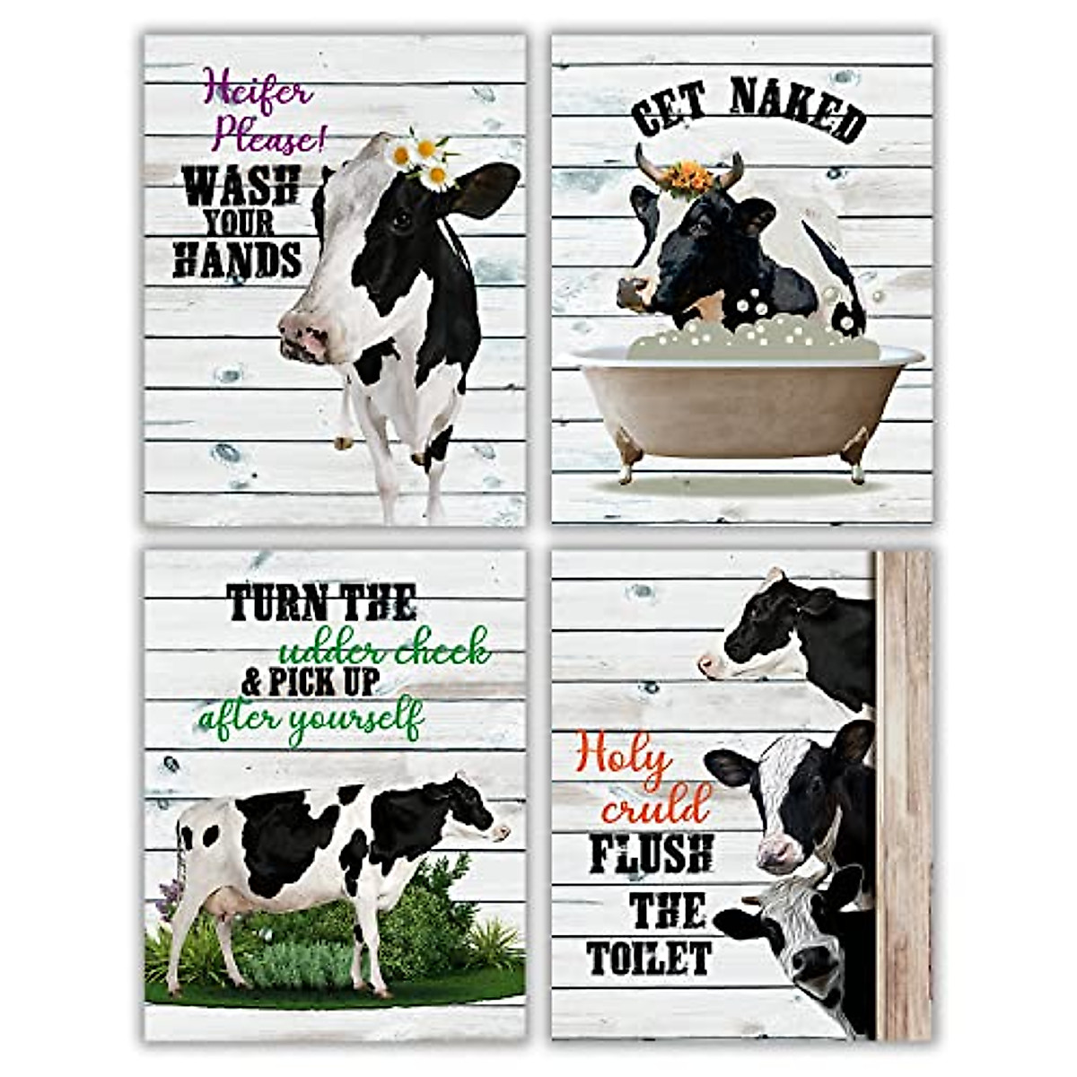 MTL HOE Funny Cow Rustic Bathroom Decor Art Print, Farmhouse Bathroom Cow Pictures Signwall Decor Posters Farm Bathroom Decor, Cow Kitchen Decor Cow Print Bathroom Decor Set of 4 (8X10in Unframed)