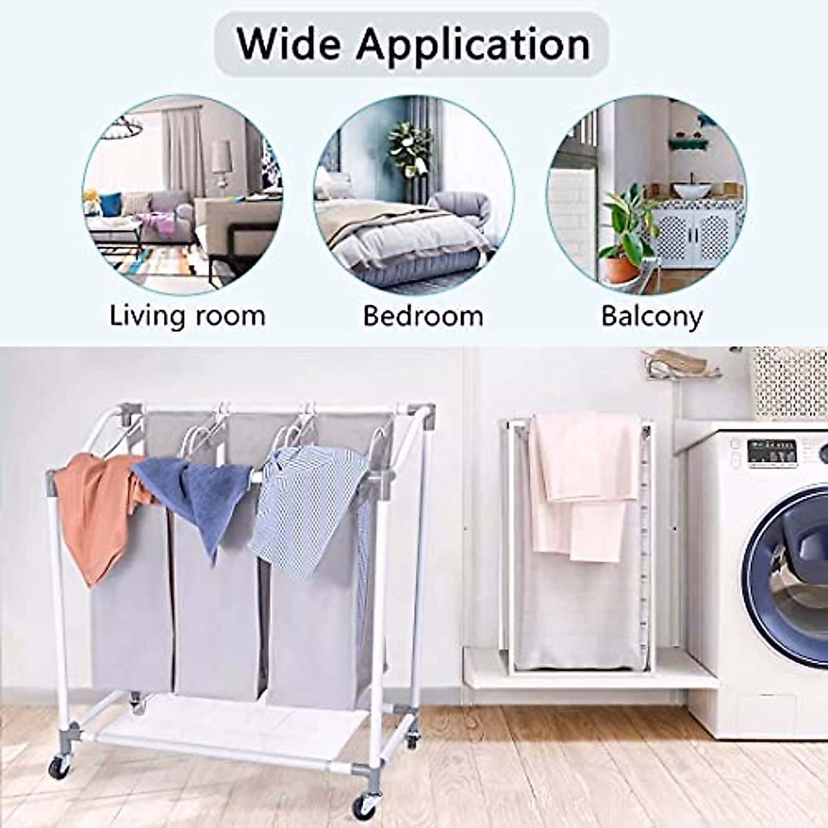 Laundry Basket with Wheels, Laundry Hamper 3 Section Removable Hampers for Laundry Organization and Storage, Metal Frame Cart with 90lbs Capacity, Mesh Sided Foldable Bags, No-Screw Simple Assembled
