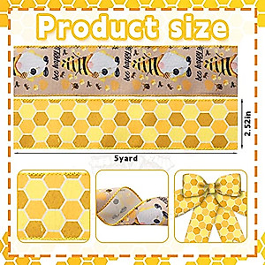 ALIBBON 2 Rolls 2.5" × 5 Yd Bumble Bee Gnome Wired Edge Ribbon Honeycomb Burlap Ribbons Spring Honeycomb Ribbon Yellow Ribbon for Wreaths DIY Crafting Gift Wrapping Party Decoration