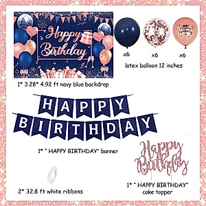 Navy Rose Gold Birthday Decorations Set for Women Girl Happy Birthday Decoration Banner Backdrop Balloon Cake Topper for 16th 18th 21st 50th 60th Birthday Party Supplies