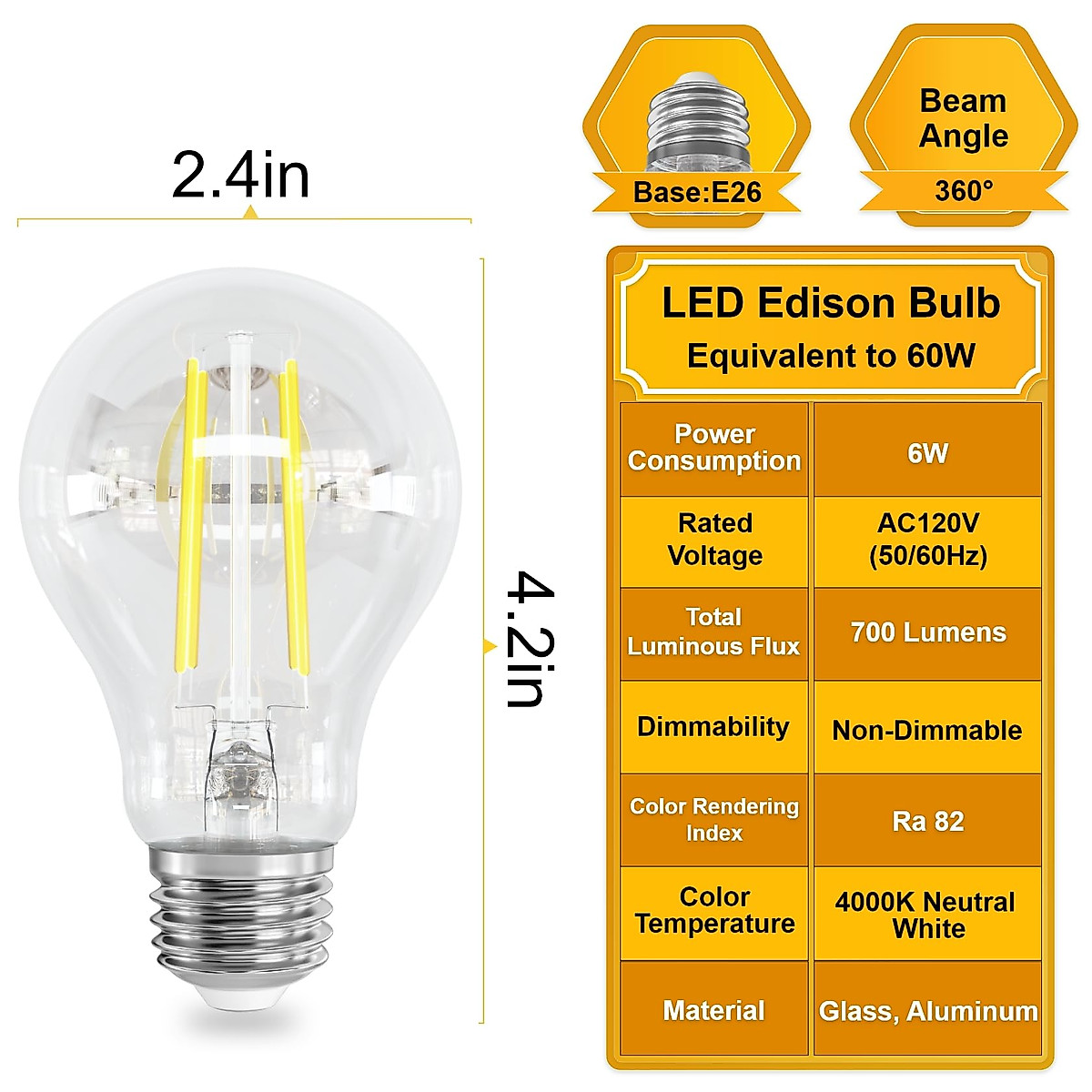 ORALUCE LED Edison Light Bulb 60 Watt Equivalent E26, Vintage Clear Light Bulbs 6W 4000K Neutral White 700 Lumen, A19 LED Filament for Ceiling Light Fixture, Non-dimmable, 6 Pack
