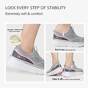 STQ Slip on Sneakers Women Cushioned Walking Shoes Arch Support Orthopedic Shoes Supportive Comfortable Grey Pink 8 US