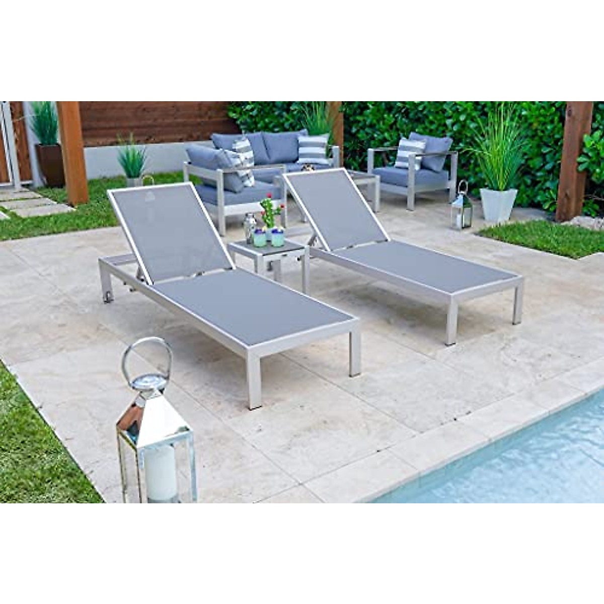 Belvedere 3-Piece Brushed Aluminum Outdoor Patio Furniture Chaise Lounge Chair Set w/Two Chaise Lounge Chairs and Side Table