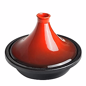 1.7L Enameled Cast Iron Tagine Pot Moroccan Cooking Pot, Tajine Cookware with Cone-Shaped Closed Lid for Stew Casserole Slow Cooker (Red)
