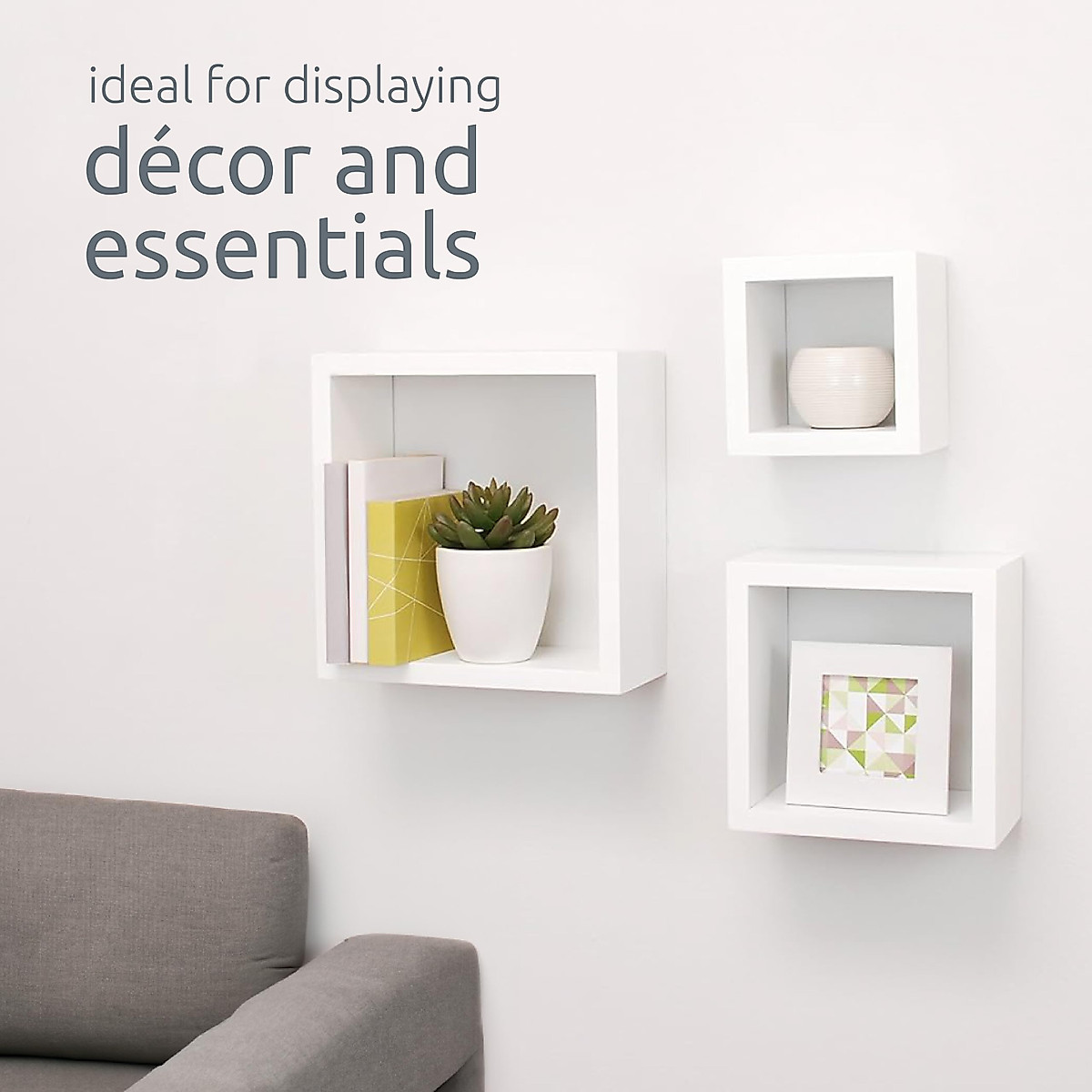 Kiera Grace Cubes, Set of 3, 9 x 9 inches, White Square Cubic Decorative Floating Shelves for Wall, 9.5 x 9.5 inches