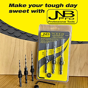 JNB Pro Wood Countersink Drill Bit Set 3 Pieces #6 (9/64') #8 (11/64") #10 (3/16") Avellanador para Madera with Adjustable Stop Collar and Hex Wrench - Quick Change Woodworking Drill Bits