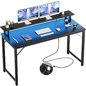 iSunirm 55 inch Computer Desk with Power Outlets, Office Desk Gaming desk with LED Lights, Home Office Desk with Monitor Shelf, Modern Work Desk Study Writing Table for Bedroom, Matte Black