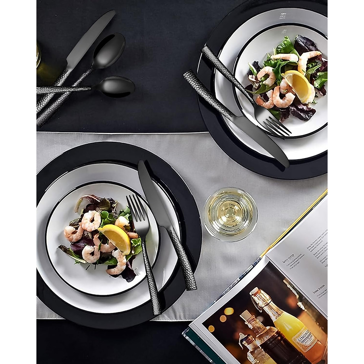 EUIRIO 48-Piece Black Hammered Silverware Set for 8, Stainless Steel Flatware Set with Steak Knives, Mirror Polished Tableware Cutlery Set, Include Forks Spoons and Knives Set, Dishwasher Safe