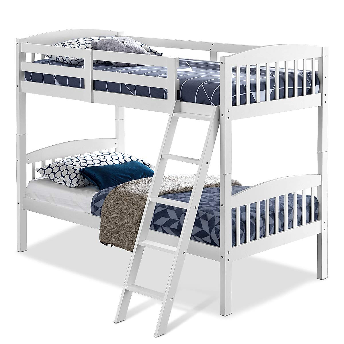 GOFLAME Twin Over Twin Bunk Beds, Convertible Into Two Individual Solid Rubber Wood Beds, Space Saving Design, Children Stylish Sleeping Bedroom Furniture with Ladder and Safety Rail (White)