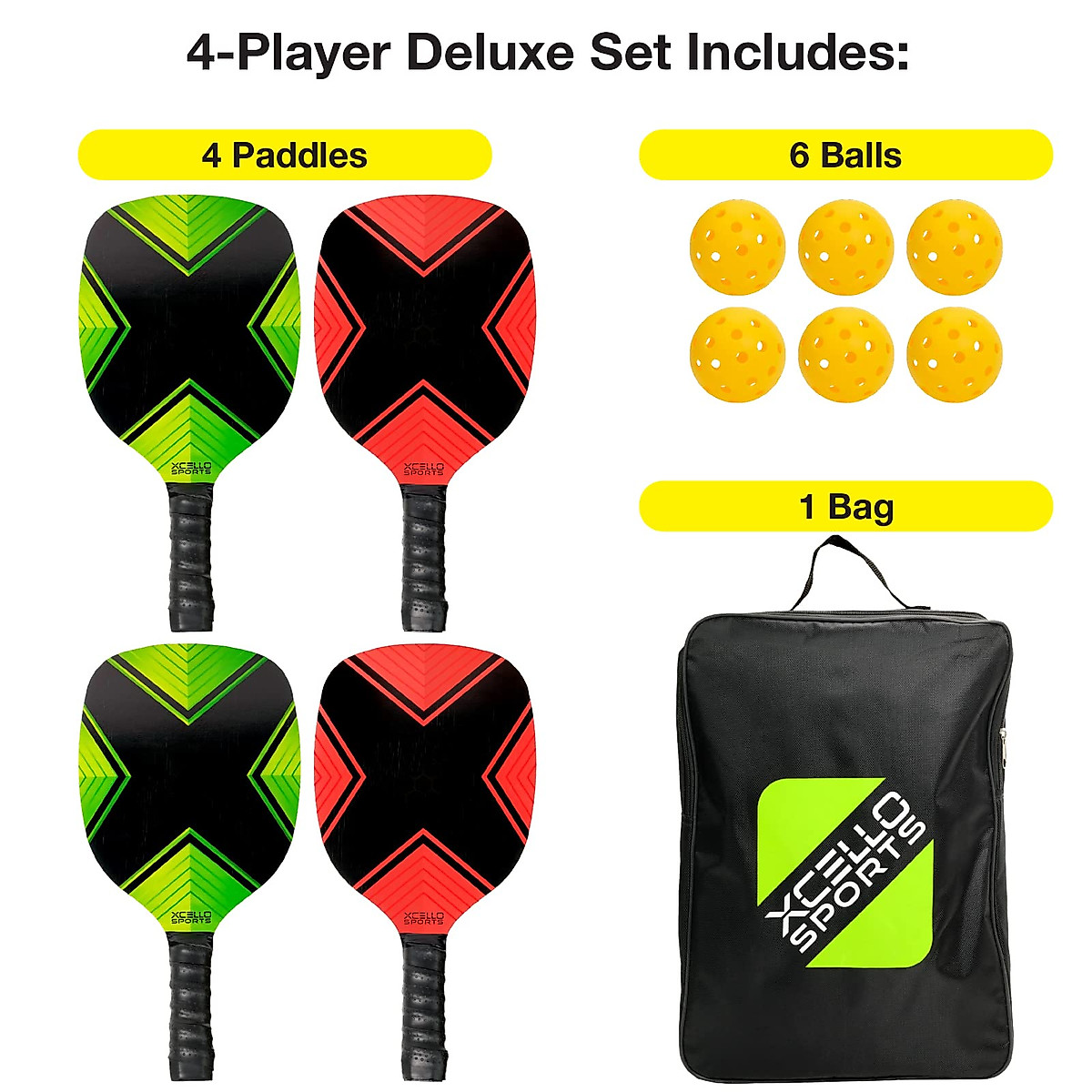 Pickleball 4 Piece Paddle Set with 6 Balls and Carry Bag