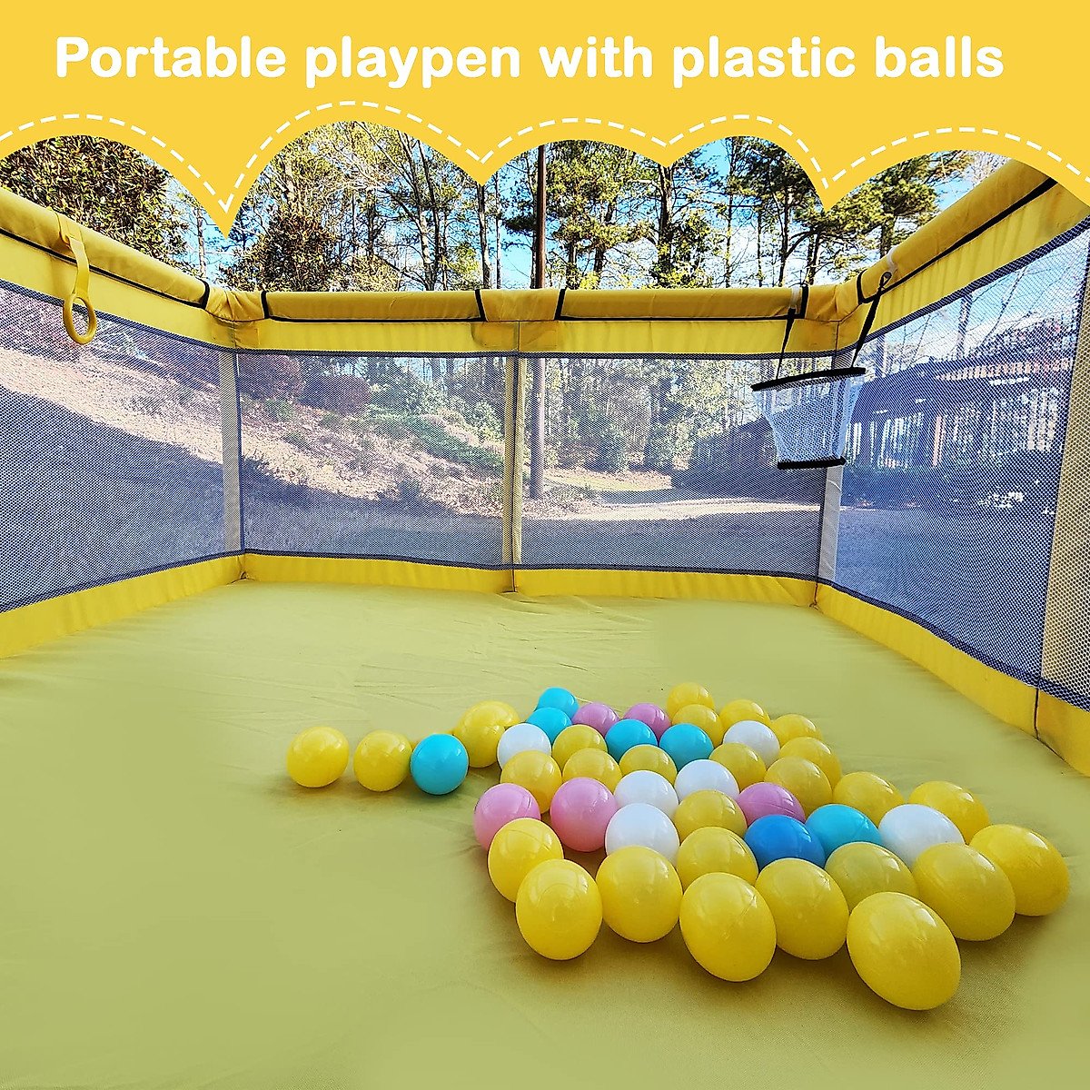 B22 Playpen 51”x51” + 2pull Rings+ 50pcs Ocean Balls+ 1sports Basket Loop; Playpen for Babies, Toddlers, Kid. Large Playpen for Toddlers, Sturdy, Safe, Portable Play Yard Indoor & Outdoor, Yellow