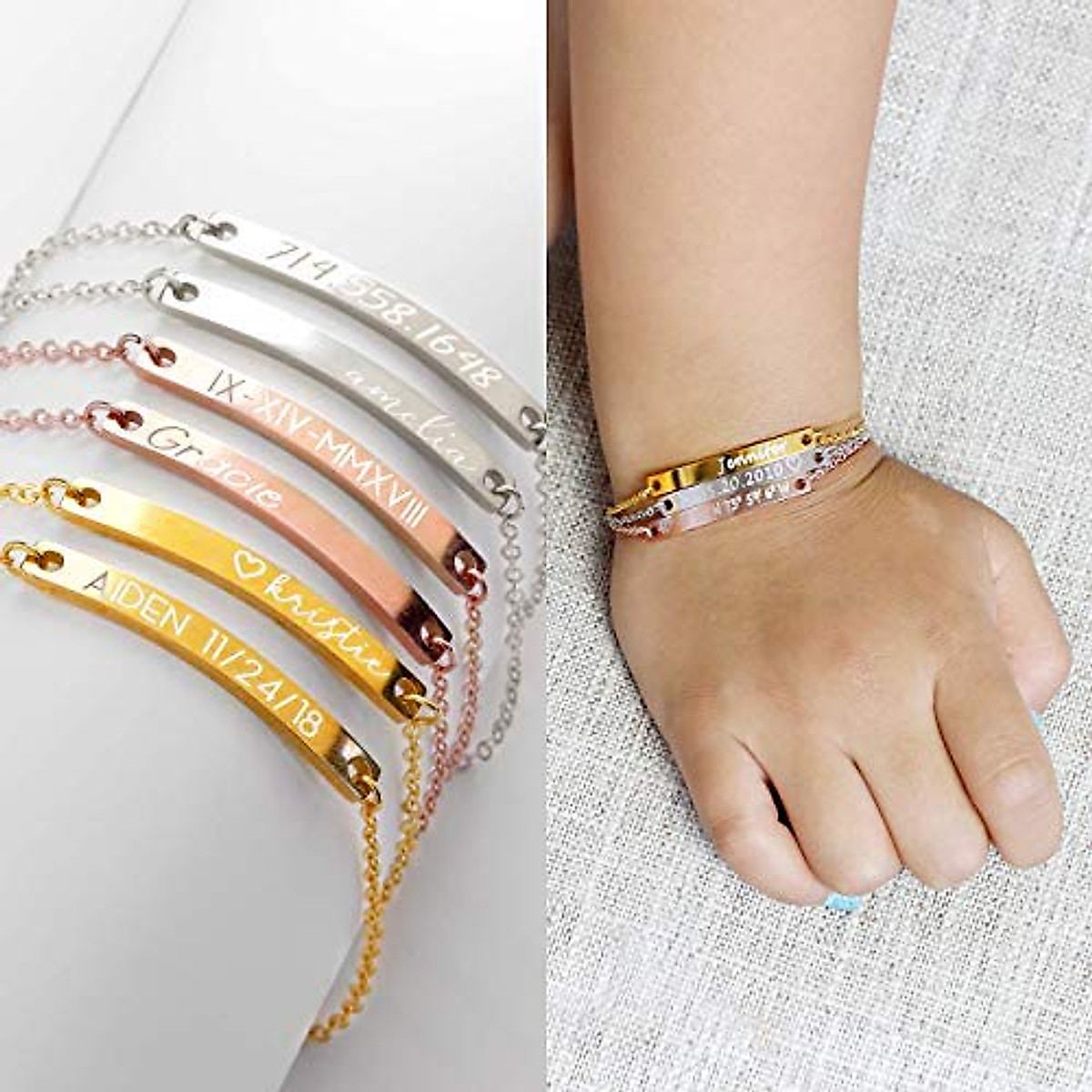 U7 Mantra Engraving Identification Bracelet Customized Black Color Sideways Heart ID Bar Bracelet for Women, Fit 6-8.3 Inch