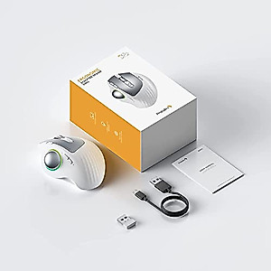 ProtoArc Wireless Bluetooth Trackball Mouse, EM01 2.4G RGB Ergonomic Rechargeable Rollerball Mice, 3 Device Connection&Thumb Control, Compatible for PC, iPad, Mac, Windows-White Silver