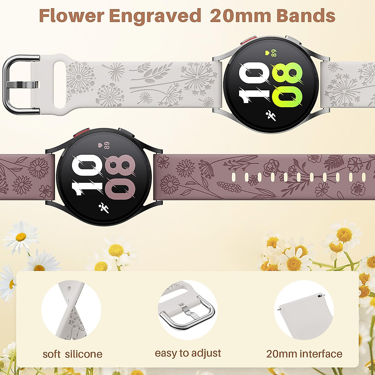 Flower Engraved Bands Compatible with Samsung Galaxy Watch 7/ FE/ 6/5/ 4/ Active 2 40mm 44mm/ 5 Pro 45mm/ Watch 6/4 Classic 43mm 47mm 42mm 46mm, 3 Pack 20mm Soft Silicone Replacement Watch Band BPS