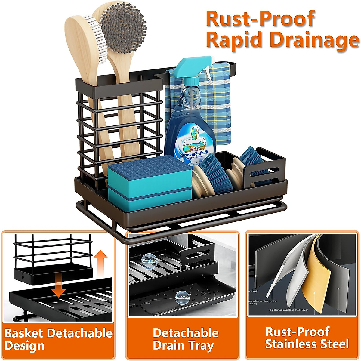 CIT ZCFYU Kitchen Sink Caddy Sponge Holder, Sink Caddy Kitchen Sink Organizer Stainless Steel, Dish Sponge Holder with Dishcloth Rack, Removable Drain Tray for Sponge, Gifts for Women & Men, Black