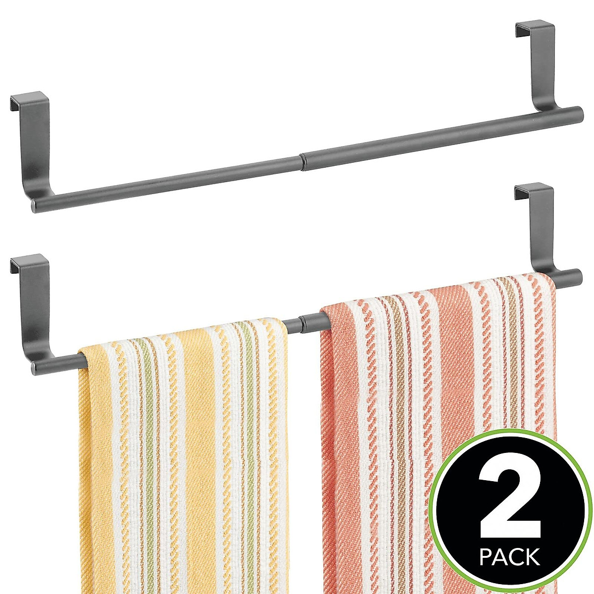 mDesign Adjustable, Expandable Over Kitchen Cabinet Towel Bar Rack - Hang on Inside or Outside of Doors, Hold Hand, Dish, Tea Towels - Customizable to 17" Wide, Omni Collection - Matte Black