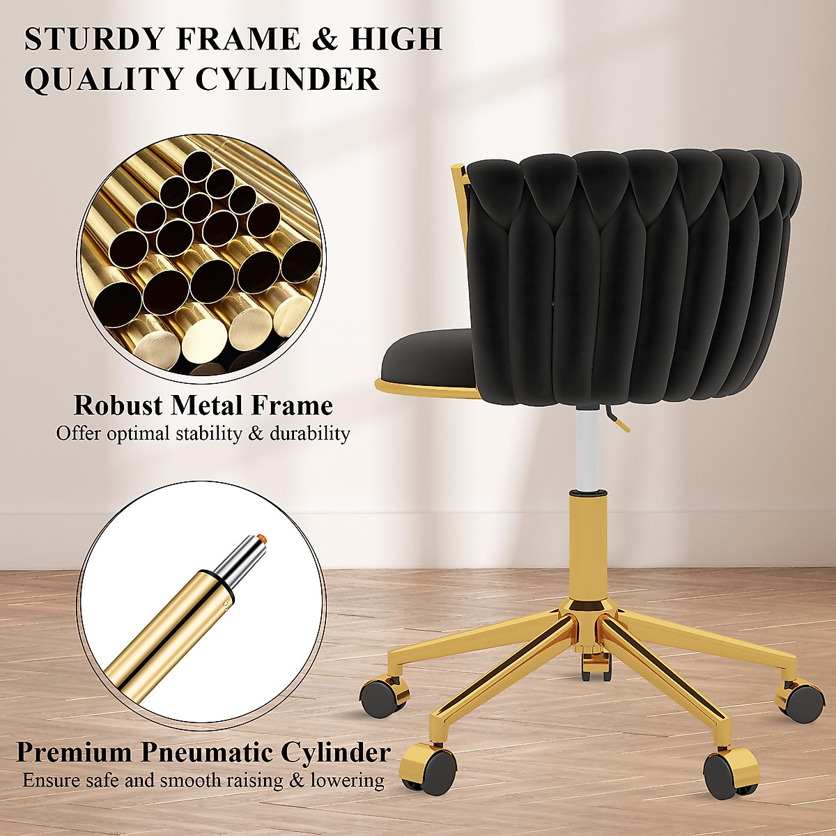 GOOLON Velvet Desk Chair, Modern Office Chair with Wheels, Home Swivel Vanity Armchair with Woven Back Comfy Height Adjustable Seat Sturdy Golden Metal Rolling Base for Makeup Bedroom, Black