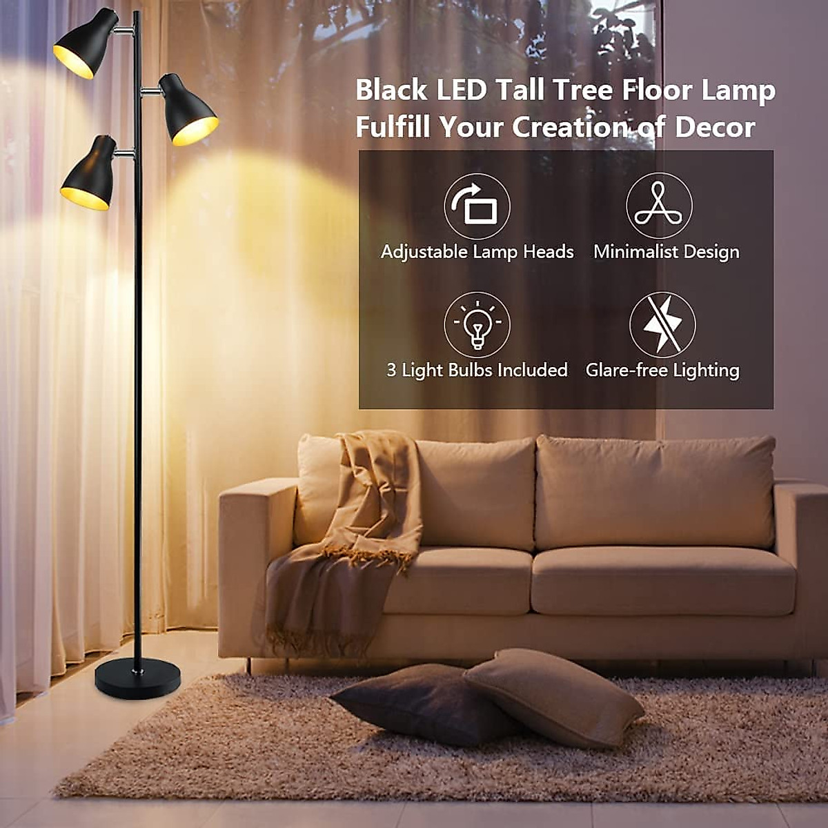 DLLT Industrial Tree Floor Lamp with 3 Bulbs, Farmhouse Black Standing Light, Skinny Tall Pole Lamp, Metal Bright Reading Lamps for Living Room Bedroom, Adjustable Heads, Foot Switch, Mid Century