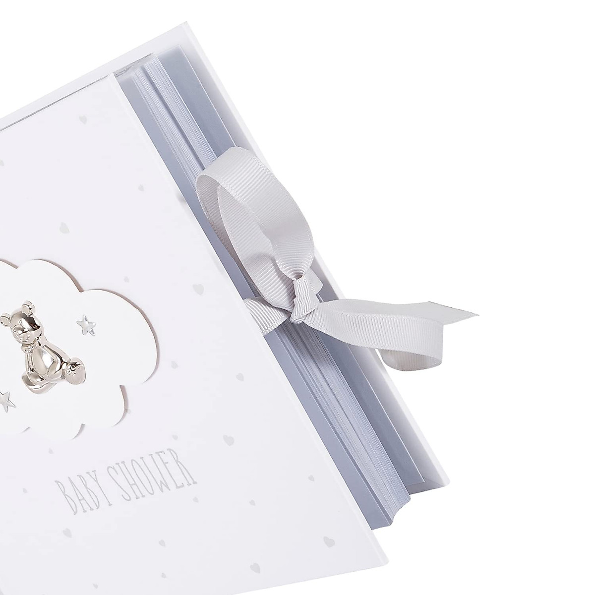 Happy Homewares Beautiful Ivory White Baby Shower Photo Album with Silver Plated Teddy Bear and Stars | Holds 80 Photos | Luxurious Grey Fabric Ribbon