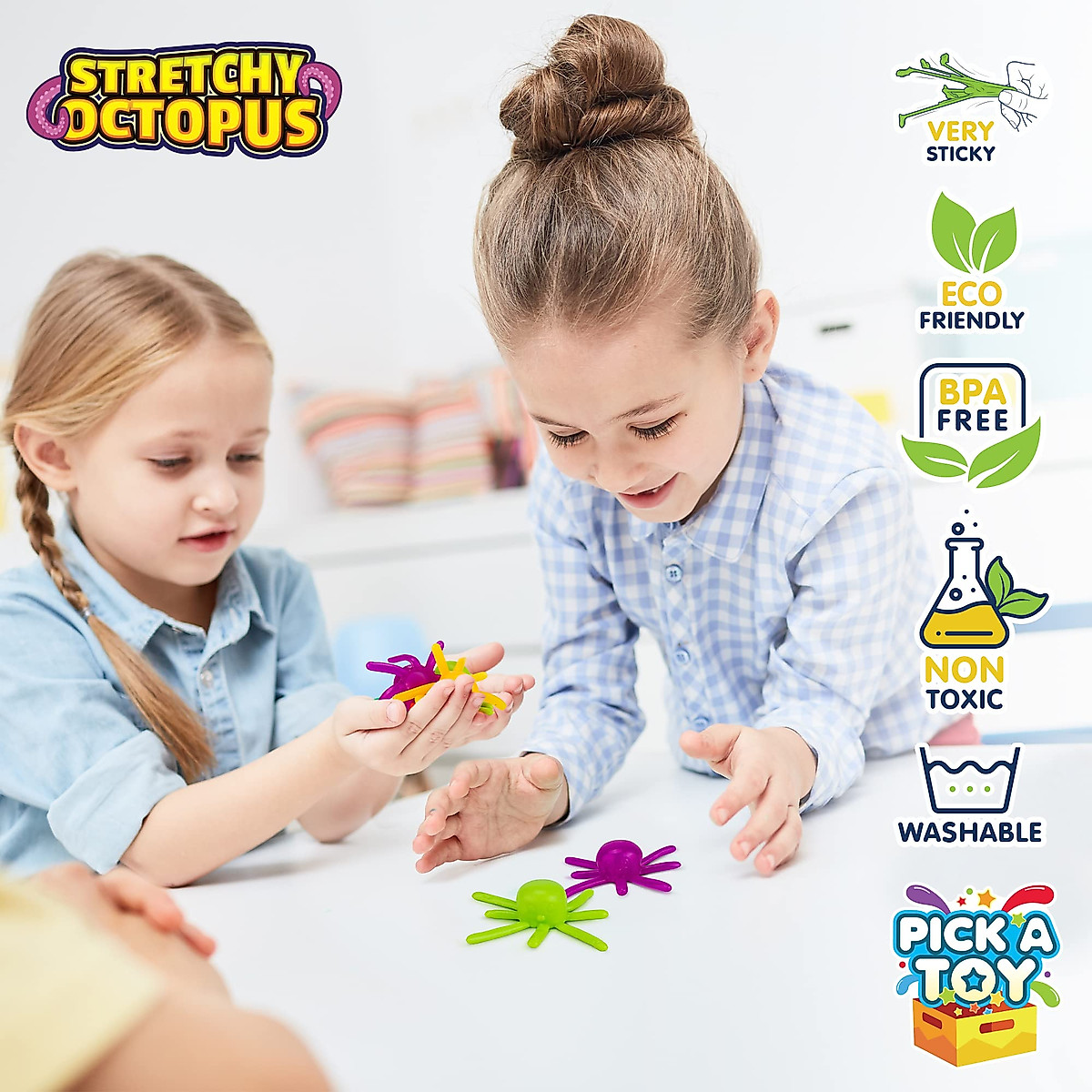 Octopus Wall Crawling Sticky Toys for Kids, 4 Pack, Soft and Flexible Squishy Walkers, Bright and Colorful Climbers, Washable and Reusable Stickiness, Birthday Party Favors and Easter Basket Stuffers