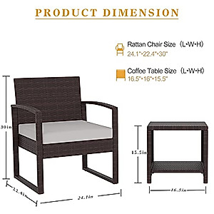 LayinSun 3 Pieces Patio Set Outdoor Wicker Conversation Bistro Set,PE Rattan Chairs with Coffee Table for Porch Lawn Garden Backyard (Brown-Light Grey)