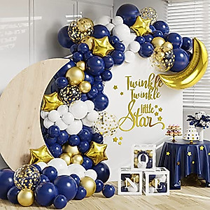 Twinkle Twinkle Little Star Party Decorations,127Pcs Navy Blue Balloon Garland Arch Kit,Blue White Gold Balloons Moon and Star Foil Balloons for Baby Shower Gender Reveal Birthday Party Decorations (Navy Blue)