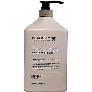 Blackstone 3-in-1 Wash for Men | Cleanses & Conditions Hair, Body, & Face | For All Skin & Hair Types | With Caffeine, Vitamin C, Hemp Seed Oil & Biotin - Bourbon & Cedar, 32 fl oz