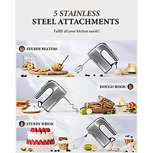 SHARDOR Hand Mixer, 450W Handheld Mixer with Storage Case 5-Speed Plus Turbo Hand Mixer Electric With 5 Stainless Steel Attachments(2 Beaters, 2 Dough Hooks and 1 Whisk), Silver