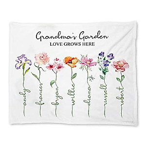 Evert Personalized Grandma's Garden Blanket Custom Birth Month Flower Blanket Christmas Mother's Day Birthday Gift for Grandma Grandmother Mom Mother Blanket Fleece Sherpa Blanket
