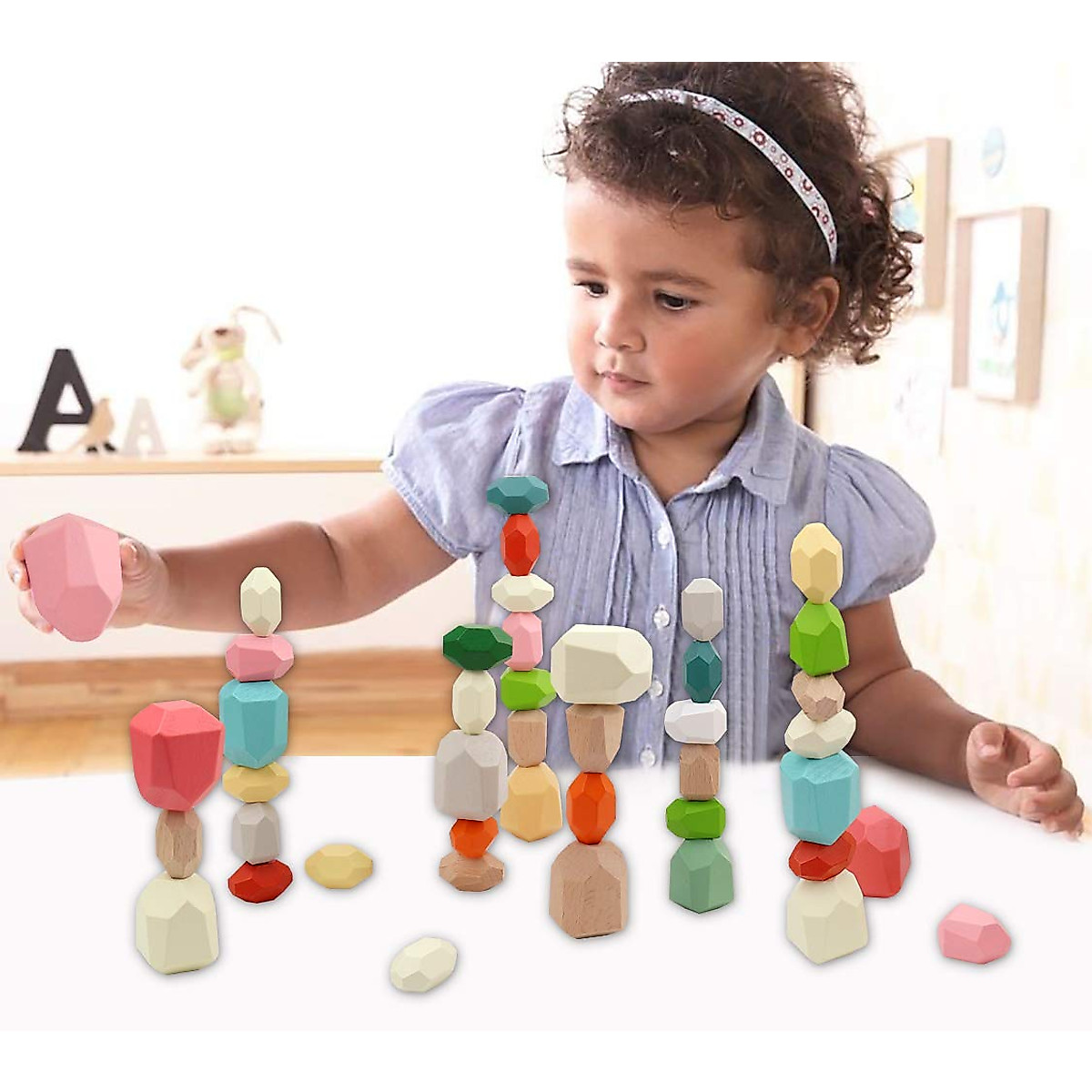 LSJDEER 40 PCS Wooden Rocks Balance Stones Building Blocks Set, Colored Wood Balancing Stone Stacking Game, Lightweight Natural Educational Preschool Learning Large Small Puzzle Toy for Kids