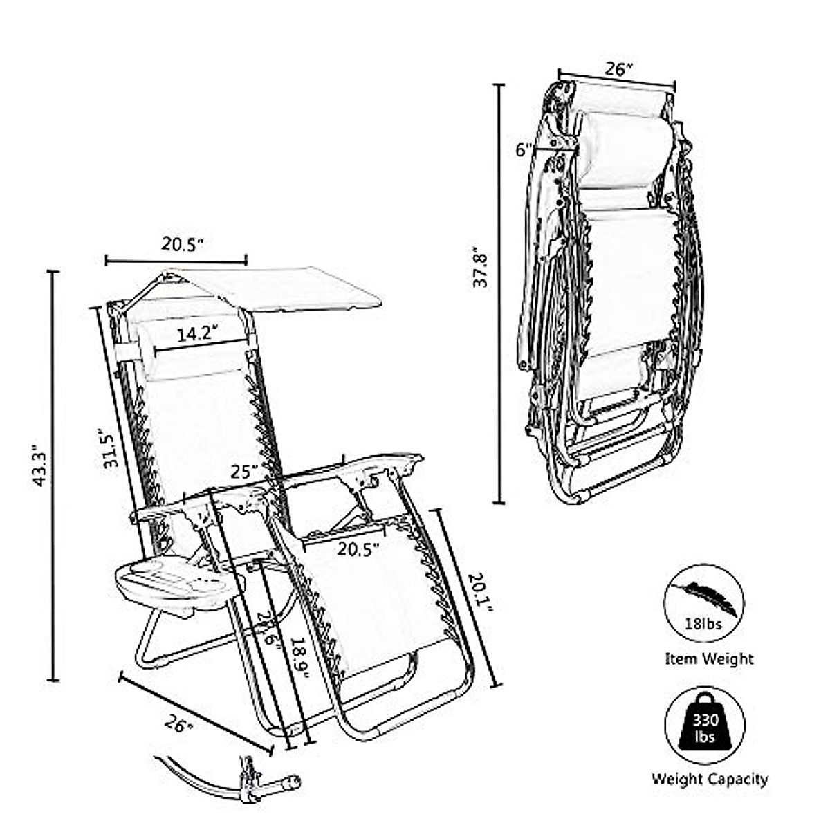 Set of 2 Non-Gravity Outdoor Lounge Chairs Sunshade Cup Holder Mobile Slot Folding Patio Chairs Canopy Tray (LEGENDARY-YES)