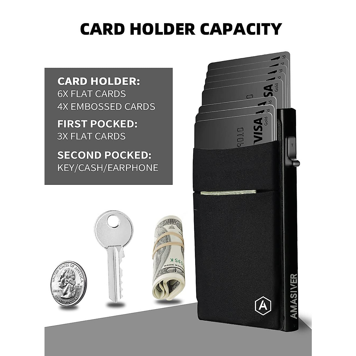 Amasiver Metal Card Holder Pop Up Wallet for Men Credit Card Slim Minimalist Wallet RFID Blocking Protection Cards Case Business Money Pocket for Notes and Coins and Debit Cards | Black