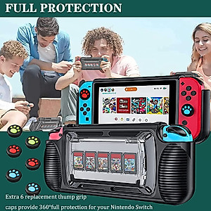 HOMMES Protective Case for Nintendo Switch Games, Switch Case with 7 Game Cards Storage Slots, 360° Full Protection switch accessories with Ergonomic Design and Adjustable Kickstand,6 Thumb Grip Caps