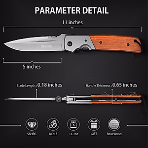 NedFoss DA52 Pocket Knife for Men, 5'' Large Folding Knife, 11'' Survival Knife with Rosewood Handle, Safety Pin, Pocket Clip, Liner Lock