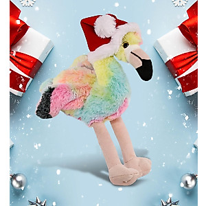 DolliBu Santa Rainbow Flamingo Stuffed Animal Plush Toy - Wild Animal Dress Up with Red Santa Claus Hat, Cute Wildlife Gift, Perfect Holiday with Name Personalization - 8 Inches