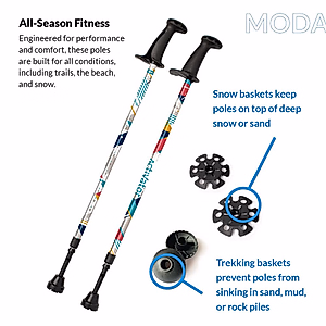 Urban Poling ACTIVATOR® MODA with Snow & Trekking Baskets, Silver with Blue, Green, & Yellow, 1 Pair – For Users 4'2"–6' – Lightweight, Aluminum Nordic Walking Sticks – Collapsible & Adjustable Hiking
