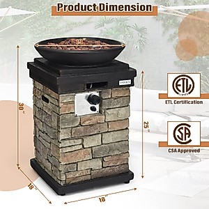 Tangkula Patio Propane Fire Bowl, Patiojoy 40,000BTU Square Fire Pit with Round Bowl, Lava Rocks & Waterproof Cover, Faux Stone Fire Pit Table for Outside Courtyard, Patio, Porch (Natural Stone)