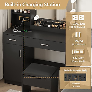 Fameill Makeup Vanity Desk with Lighted Mirror & Power Strip,Black Vanity Table Set with Lights and Lots Storage,2 Drawer Makeup Table,3 Lighting Colors,35.4in(L)