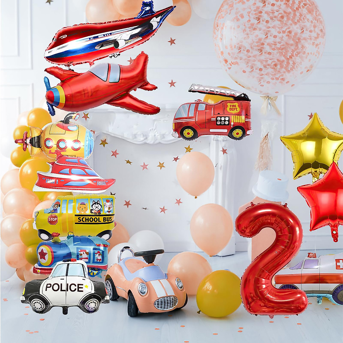 12pcs Transportation Truck Plane School Bus Fire Truck Police Car Ship Ambulance Submarine Birthday Number Foil Balloon for Transportation 2nd Birthday Vehicles Theme Party Supplies Decorations (2nd)