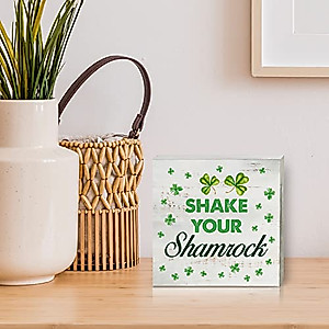 Shake Your Shamrock Wood Box Sign Home Decor Rustic St. Patrick's Day Quote Wooden Box Sign Block Plaque for Wall Tabletop Desk Home Office Decoration 5" x 5"