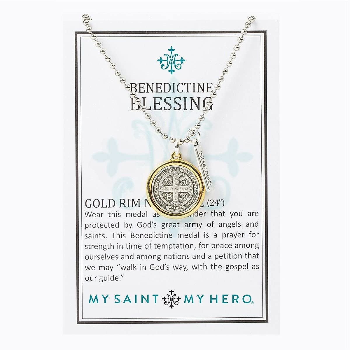 My Saint My Hero Benedictine Blessing Gold Rim Necklace - Divine Protection Benedictine Medal with 'Blessed' Tag, Prayer for Peace & Strength - Unisex, Hand-Cast in Italy