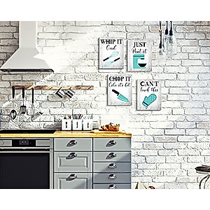 ARTINME Teal Kitchen Quotes Wall Art - Set of 4 Retro Vintage Inspirational Canvas Poster Prints Sign For Dining Room cafe and Restaurant Home Decorations