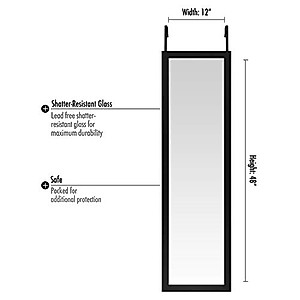 Americanflat 12x48 Black Over The Door Mirror - Full Length Hanging Door Mirror for Bedroom, Bathroom, Dorm - Long Full Body Mirror with Hanger and Shatter-Resistant Glass