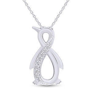 THE JEWEL ZONE 1/10 Carat White Natural Diamond Penguin Infinity Penadnt Necklace 10k Solid White Gold (0.10 Cttw)