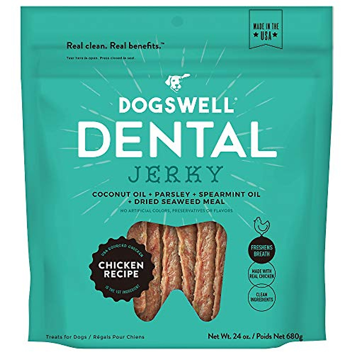 DOGSWELL Dog Dental Care Treats Made in USA Only, Grain Free Chicken Jerky Dog Treats, 24oz Bag