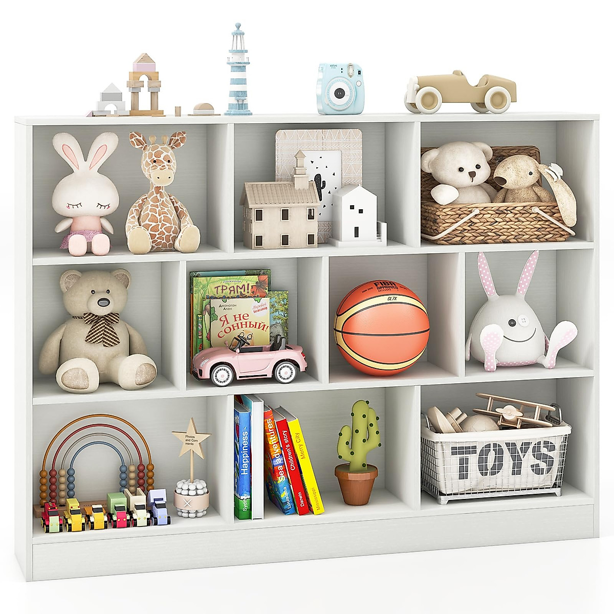 Costzon Montessori Shelf, 10-Section Toy Storage Organizer for Books Toys, 3 Tier Wooden Storage Cabinet, Kids Bookshelf for Playroom, Preschool, Classroom, Daycare (White)