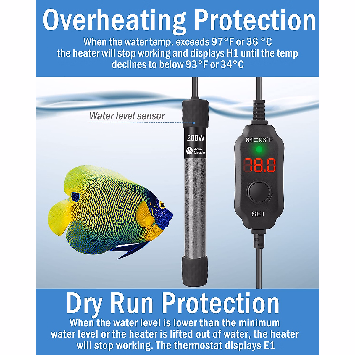 AquaMiracle Adjustable 200W Aquarium Heater Submersible Fish Tank Heater Super Short Aquarium Heater with LED Digital Display Thermostat, for Tanks 20-40 Gallons